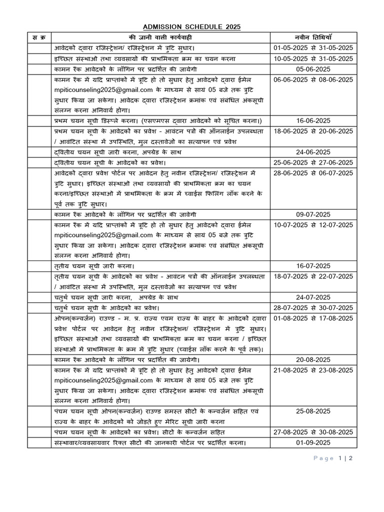Iti MP Admission - Schedule-2025 | PDF