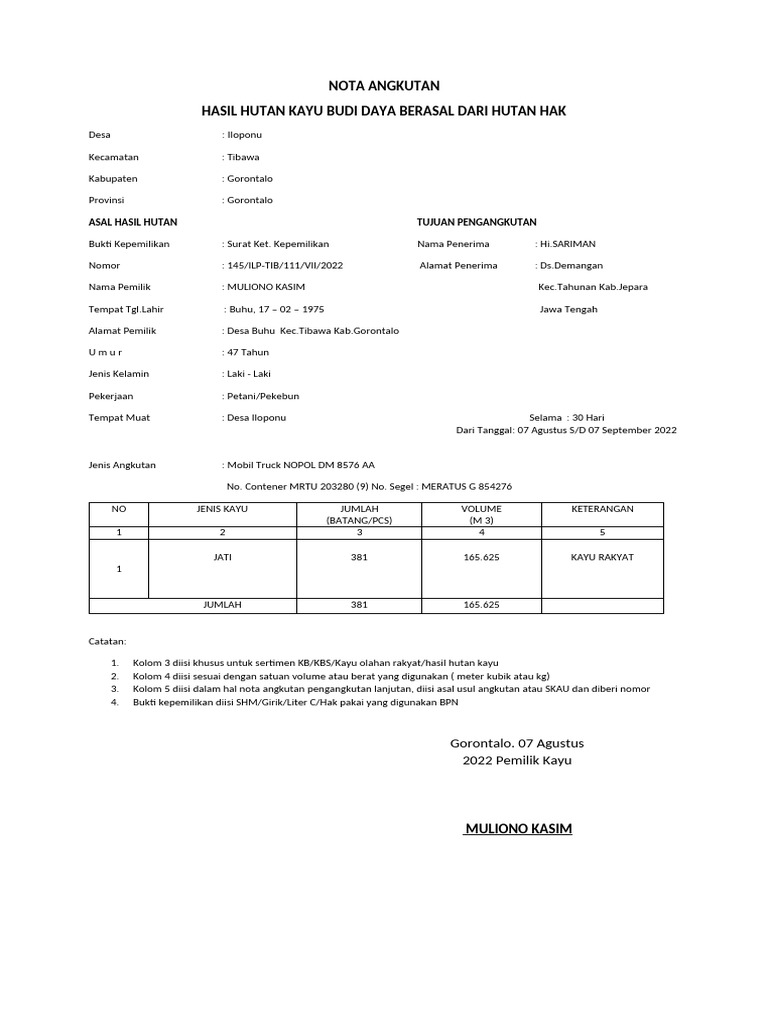 Nota Angkutan Hasil Hutan Jati Gorontalo | PDF