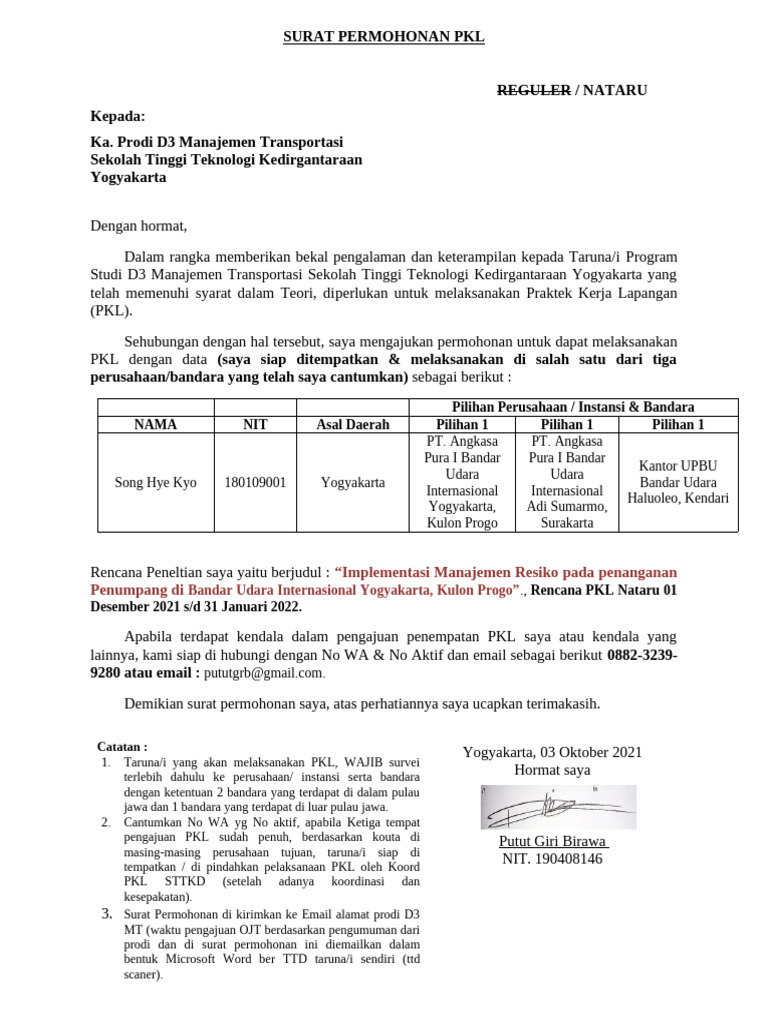 Contoh Format Surat Permohonan OJT 2021 Prodi D3 MT R1 | PDF