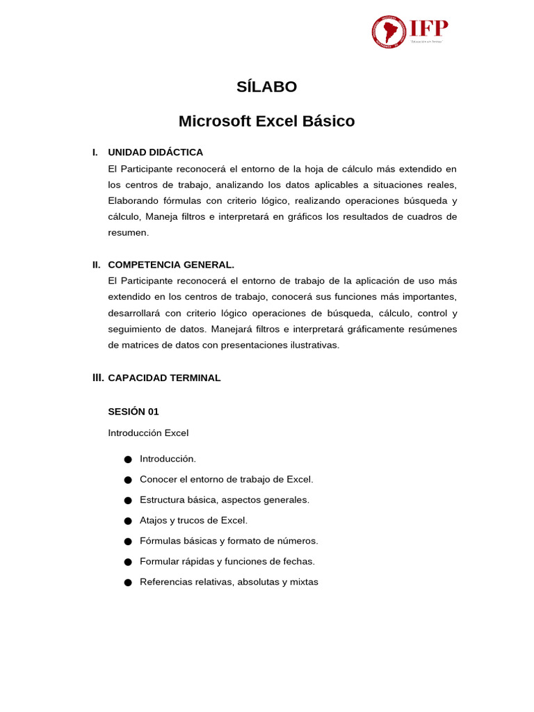 Sílabo-Microsoft Excel Basico | PDF | Microsoft Excel