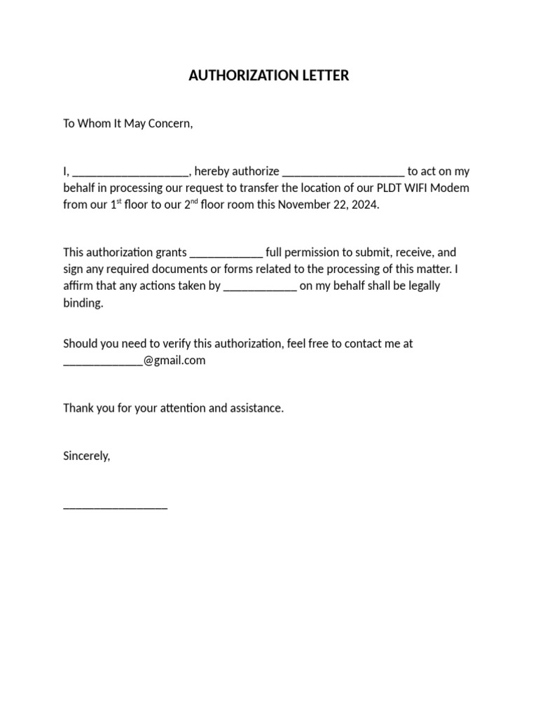 Authorization Letter-Pldt Wifi | PDF