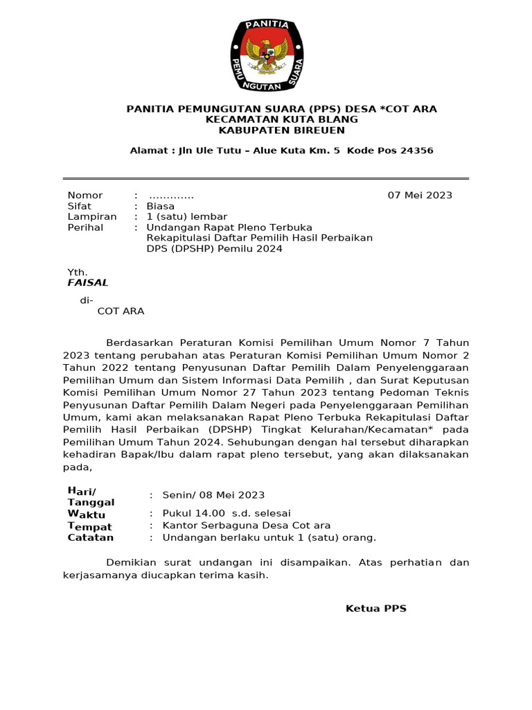 Draft Undangan DPSHP PPS | PDF