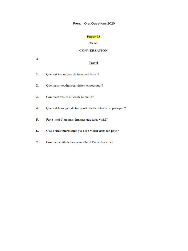 French Oral Questions 2020 | PDF