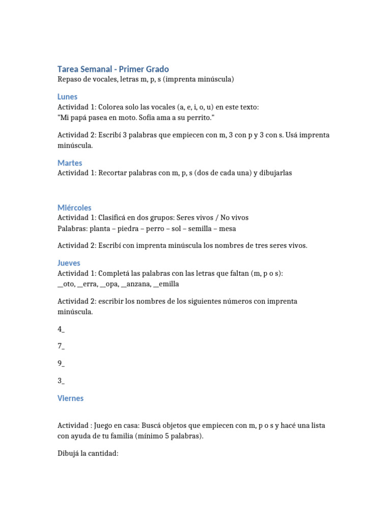 Tarea Semanal Primer Grado | PDF