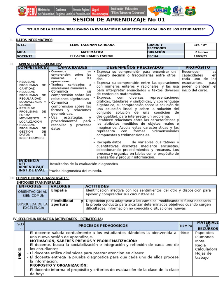 Sesión_de_Aprendizaje_N° 01-_Evaluación diagnostica | PDF | Evaluación | Aprendizaje