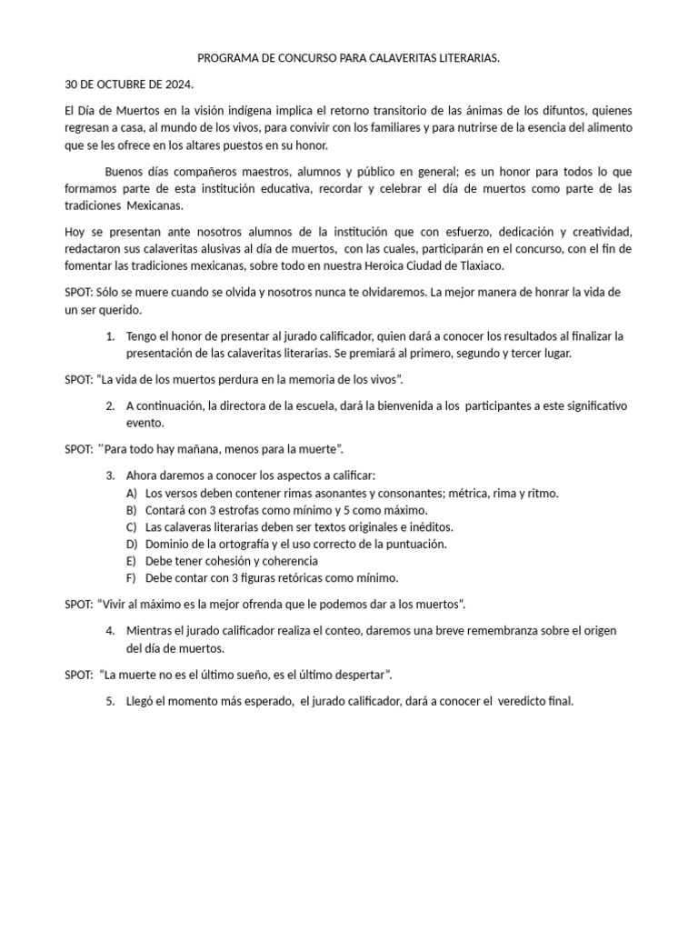 Programa para Concurso de Calaveritas y Disfraces | PDF