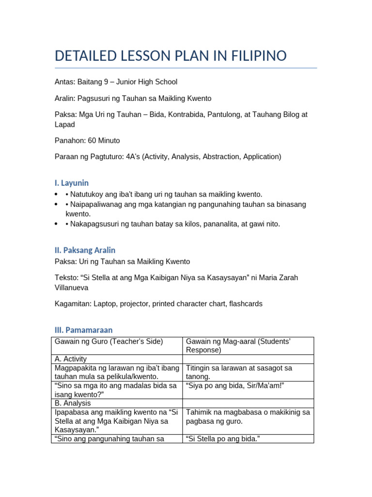 Detailed Lesson Plan Filipino Tauhan | PDF