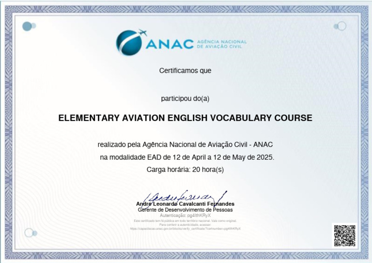 Elementary Aviation English Vocabulary - 022025 - Certificado | PDF