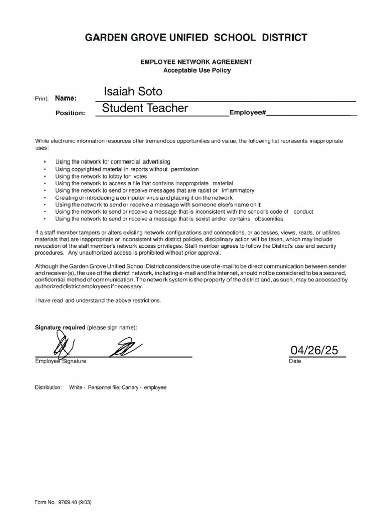 Employee Network Agreement Form - Isaiah Soto | PDF