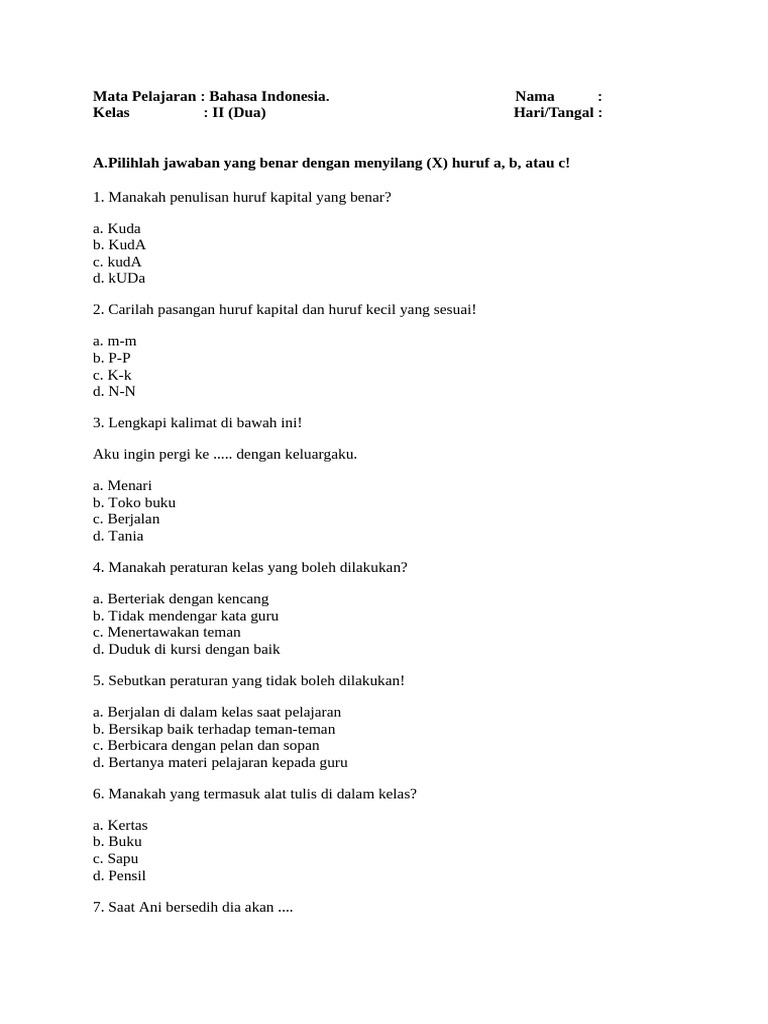 SOAL UJIAN MID SEMESTER B. INDONESIA KELAS 2 SD Salinan Salinan | PDF