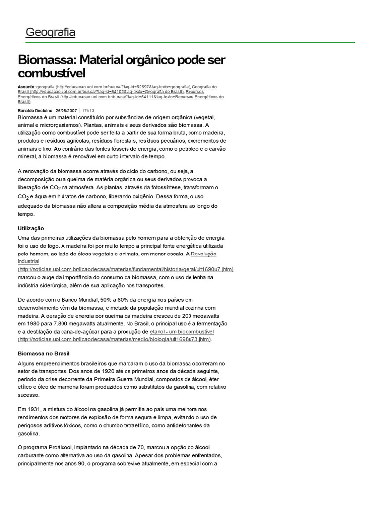 Biomassa - Material Orgânico Pode Ser Combustível - UOL Educação | PDF ...