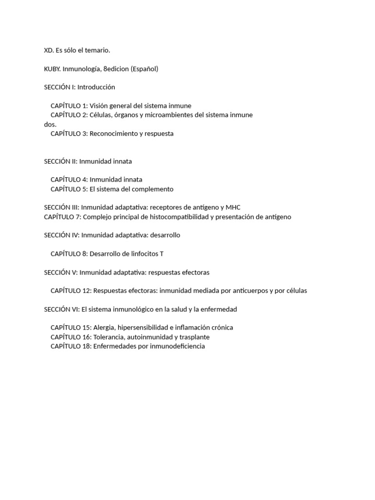 Temario de Inmunología Kuby 8ª Ed. | PDF