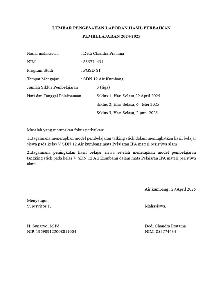 Lembar Pengesahan Laporan Hasil Perbaikan | PDF