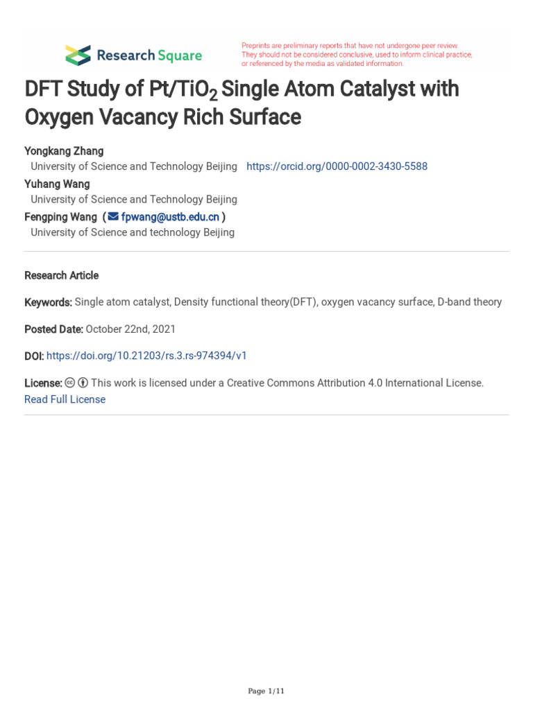 DFT Study of PtTiO2 Single Atom Catalyst With Oxyg | PDF | Adsorption ...