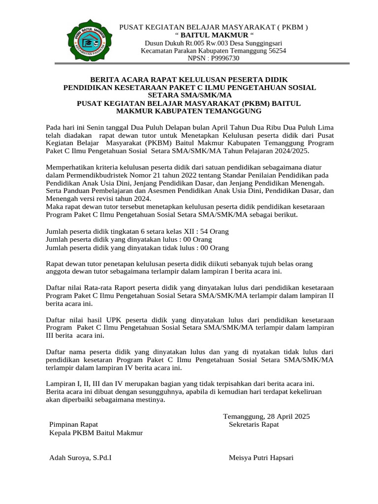 Berita Acara Rapat Kelulusan Paket C TH 2024-2025 Final | PDF