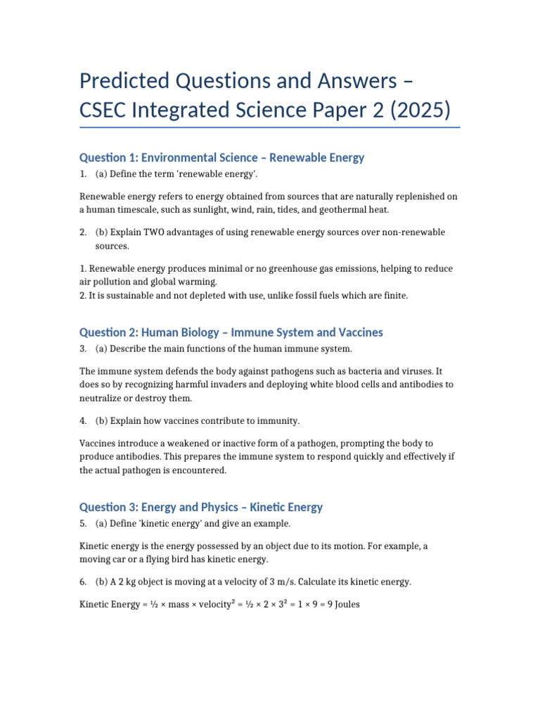 CSEC Integrated Science 2025 Predicted Paper2 Full QA | PDF | Nutrition ...
