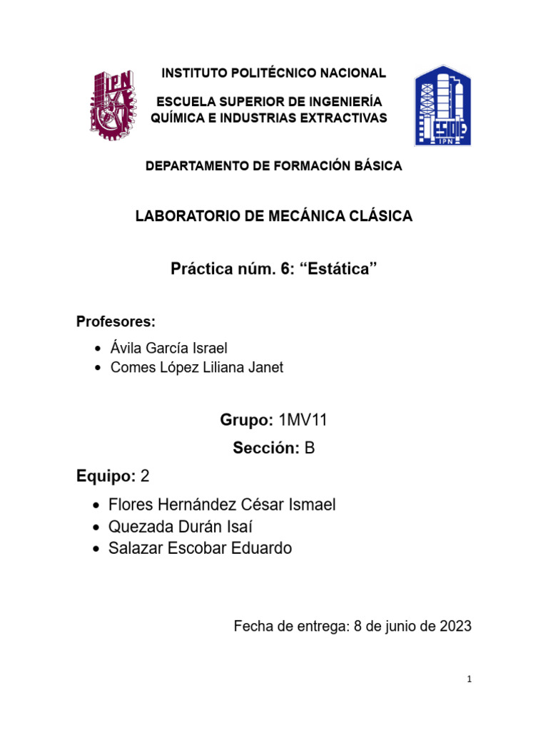 Pract 6 Estática | PDF | Fuerza | Esfuerzo de torsión