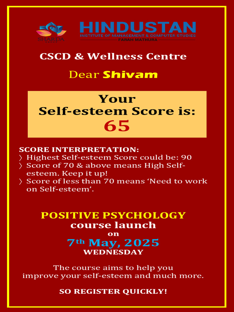 CSCD & Wellness Centre - Self-Esteem Scores - Shivam | PDF
