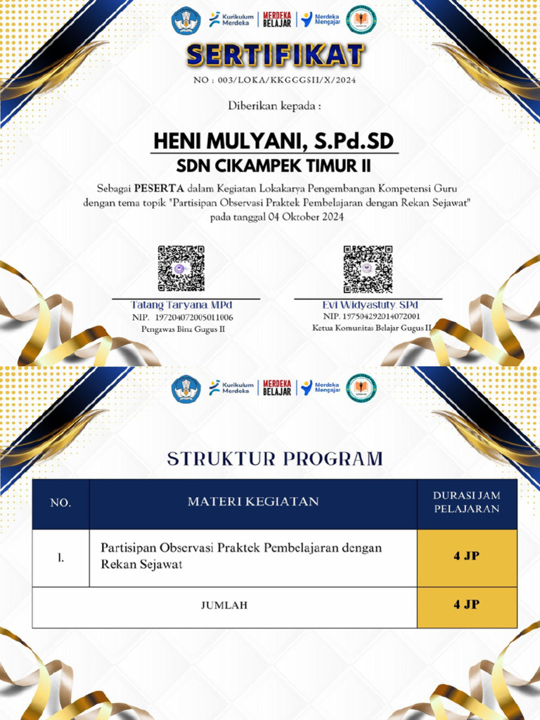 SERTIFIKAT LOKAKARYA 3 GUGUS 2 CKP - HENI MULYANI, S.PD - SD PDF | PDF