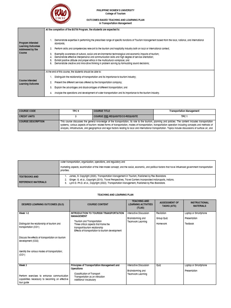 OBTLP - Transportation Management | PDF | Transport | Tourism
