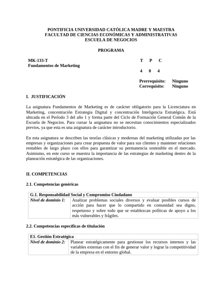 MKT-133-T Fundamentos Del Marketing - Programa | PDF | Marketing | Segmentación de mercado