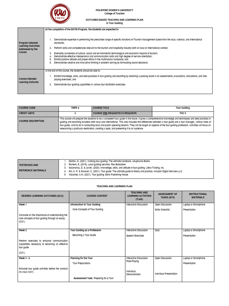 OBTLP - Professional Tour Guiding | PDF | Skill | Tourism