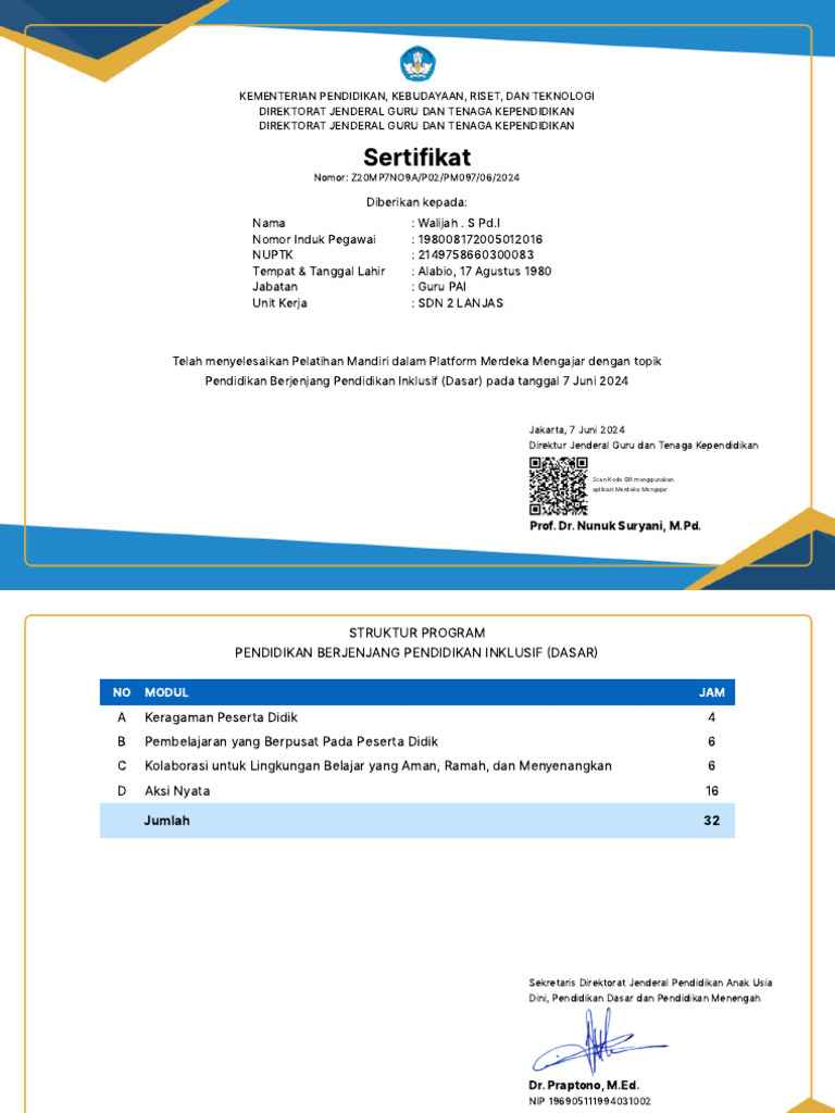 Sertifikat PMM Pendidikan Inklusif Walijah | PDF