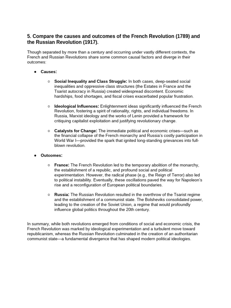 Compare The Causes and Outcomes of The French Revolution (1789) and The ...