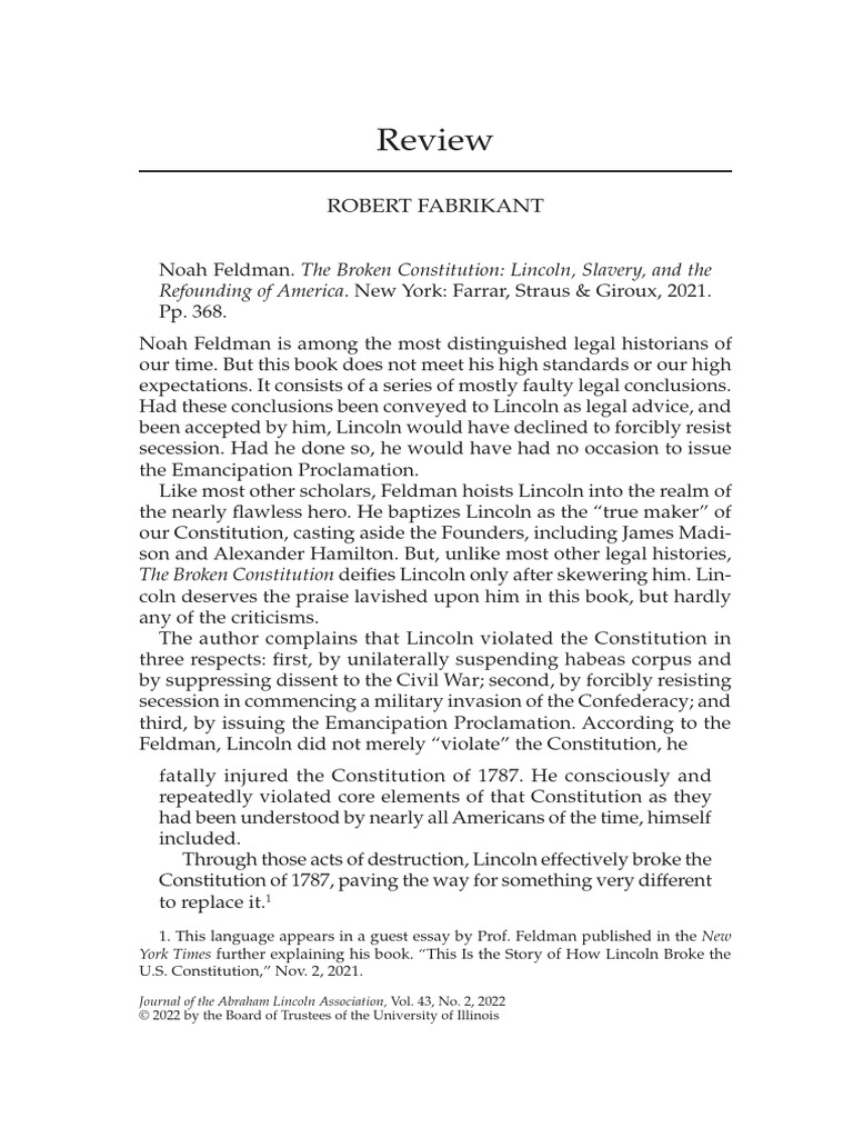 Review of "The Broken Constitution" by Feldman | PDF | Abraham Lincoln ...