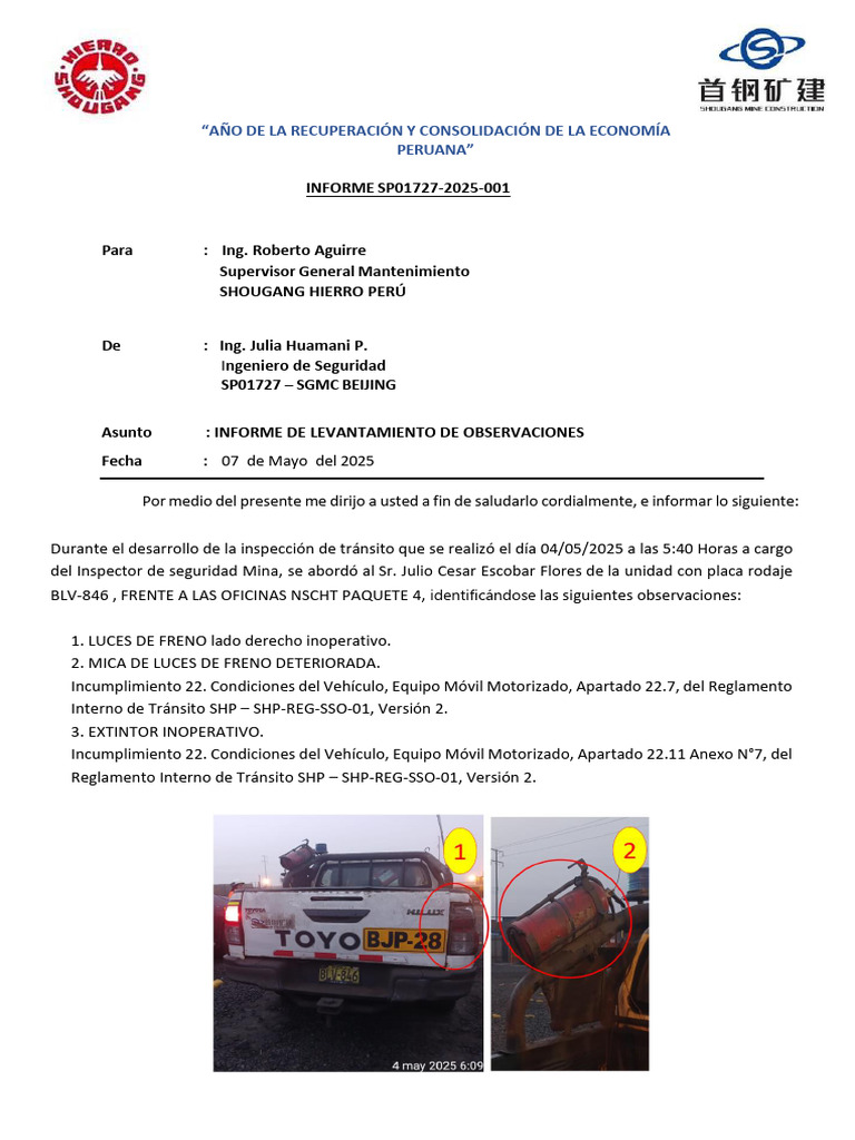 Informe de Levantamiento de Observaciones Sp01727-2025-001 | PDF