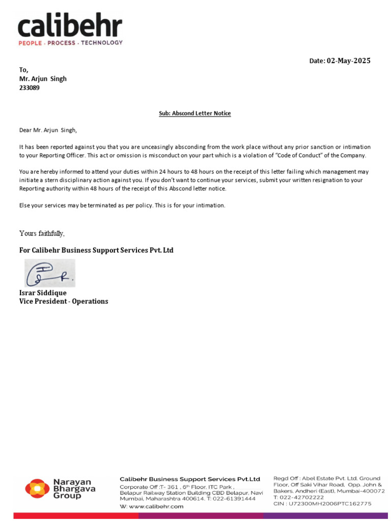 Arjun Singh (233089) - Abscond Letter Notice | PDF