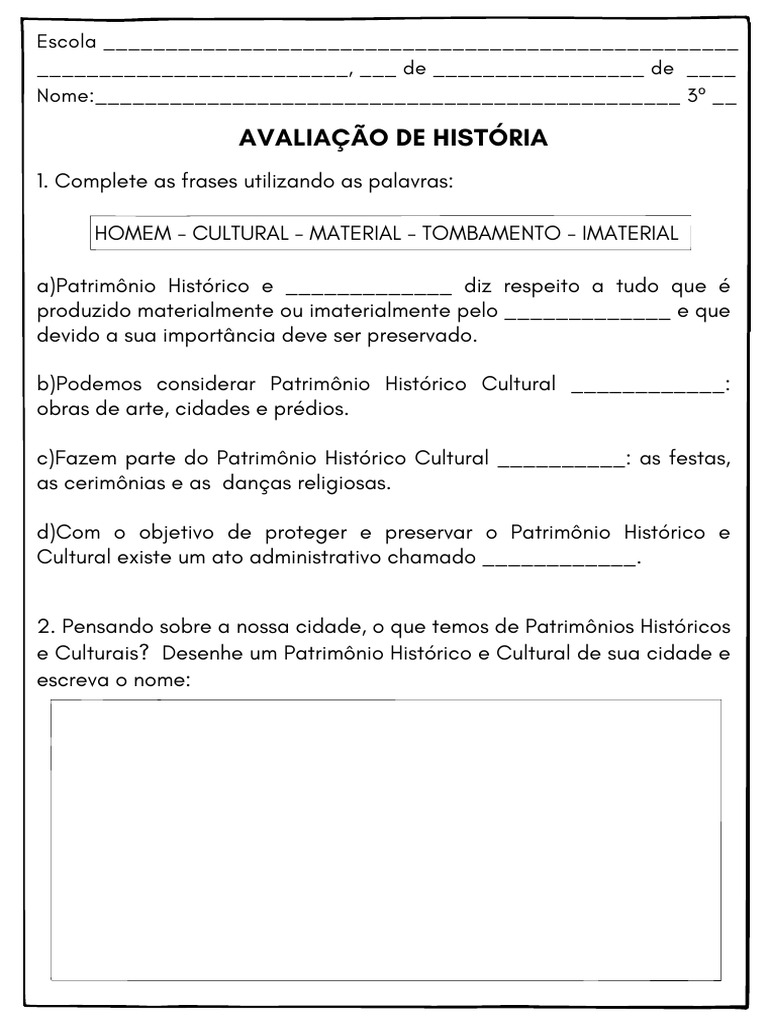 Avaliação de História: Patrimônio Cultural 3º Ano | PDF