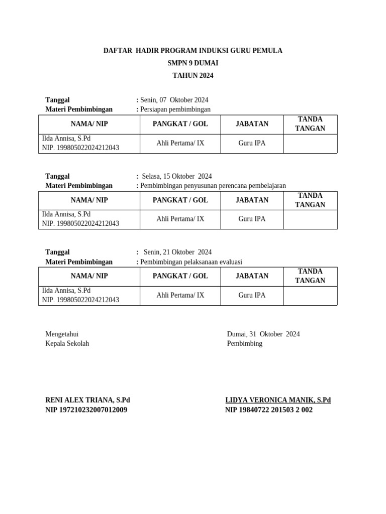 Daftar Hadir Program Induksi Guru Pemula (Tuti) | PDF