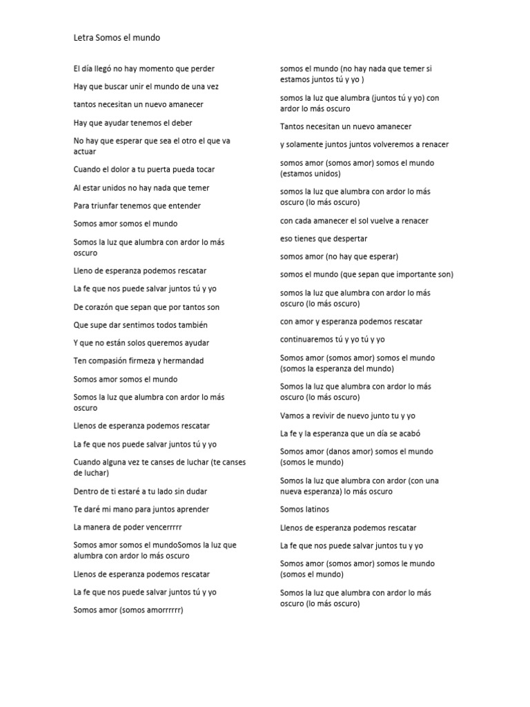 LETRA Somos El Mundo | PDF | Amor
