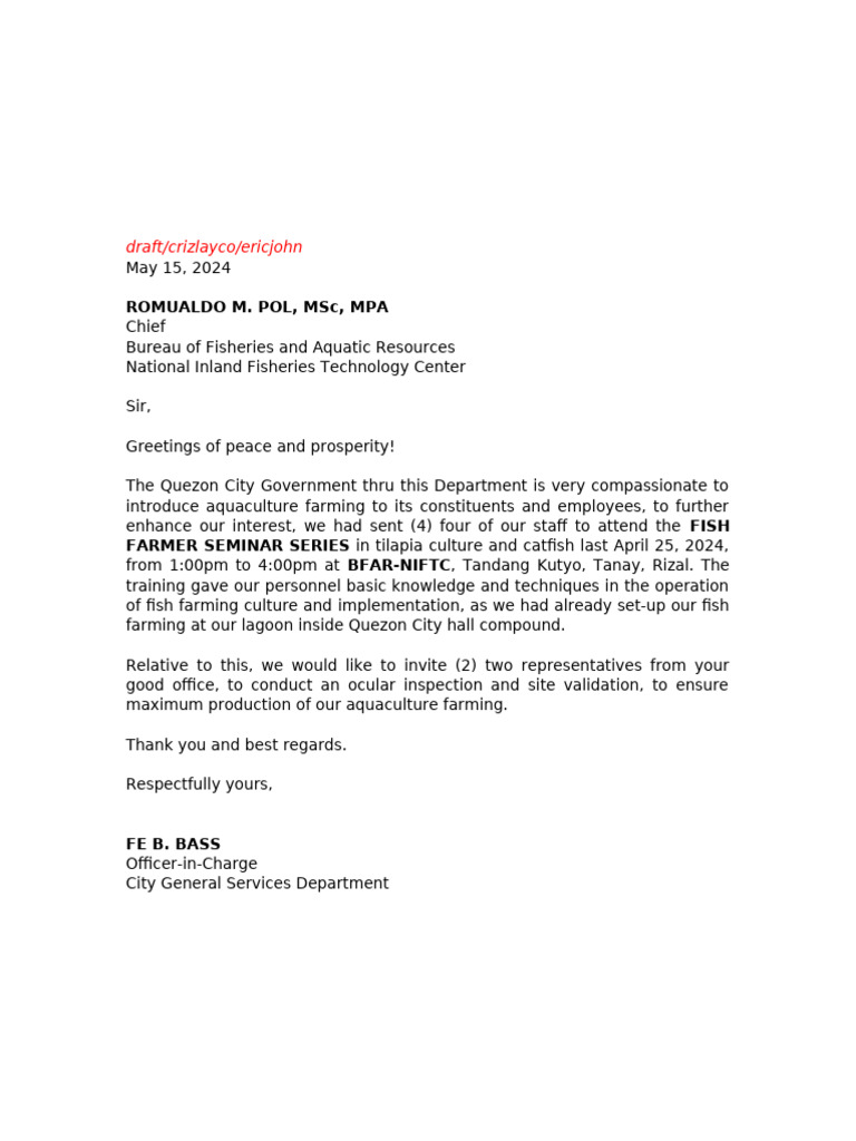 Bfar-Req For Lagoon Ocular Inspection | PDF