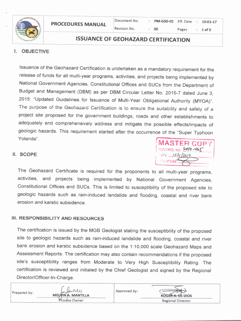 Procedures Manual GSD Issuance of Geohazard Certification | PDF ...