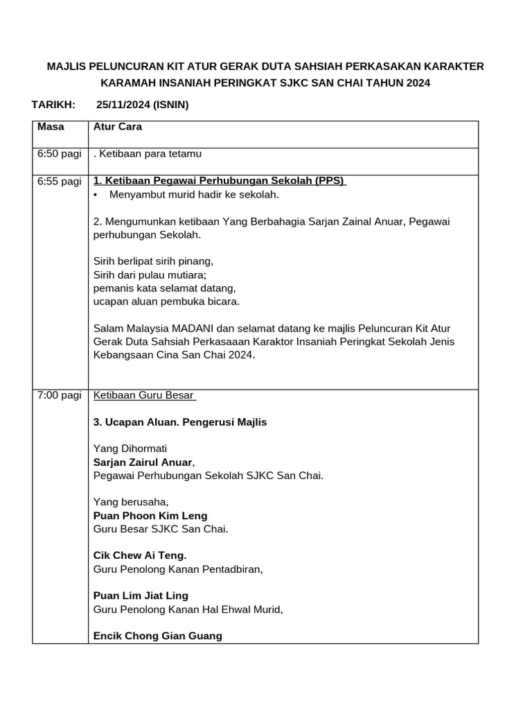 Teks Pengacara Majlis - Peluncuran - Kit - Atur - Gerak - Duta - Sahsiah - Perkasakan - Karakter ...