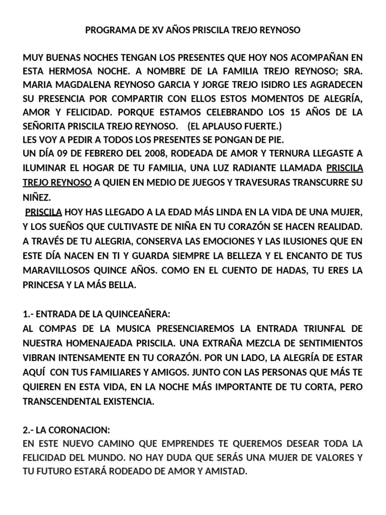 Programa de XV Años Priscila Trejo Reynoso | PDF | Amor