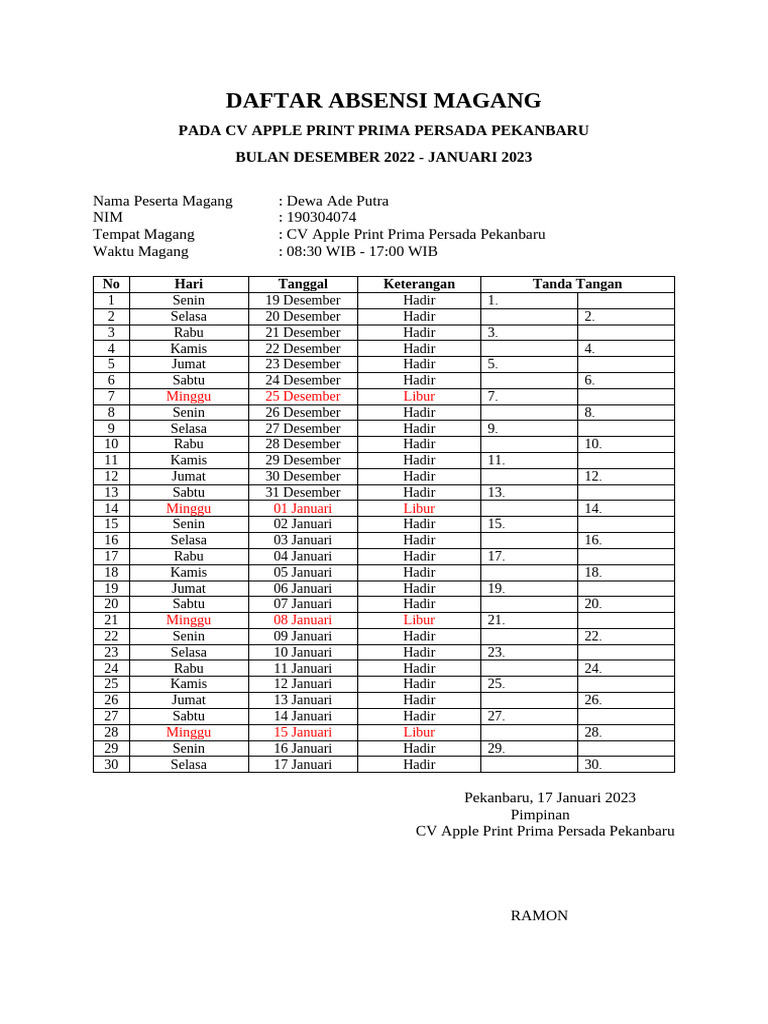 Daftar Absensi Magang | PDF