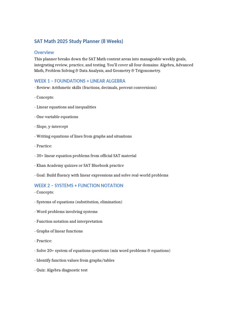 SAT Math 2025 Study Planner | PDF | Equations | Polynomial