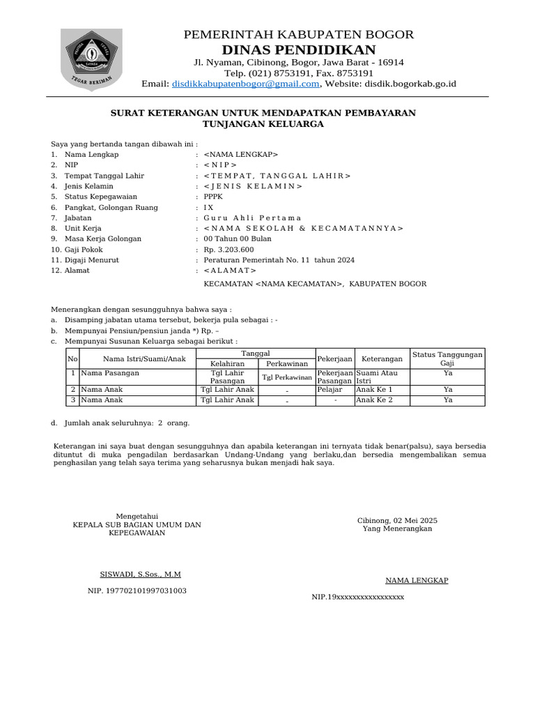 Surat Keterangan Tunjangan PPPK | PDF