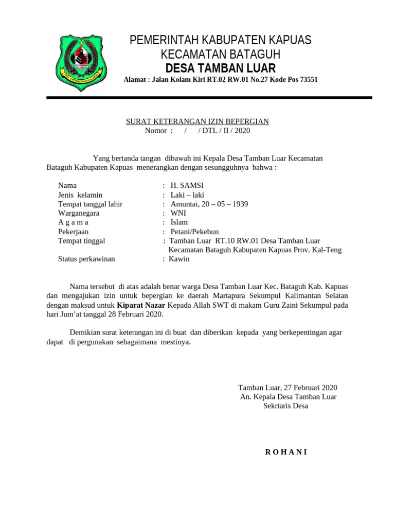 Surat Izin Bepergian H. Samsi | PDF
