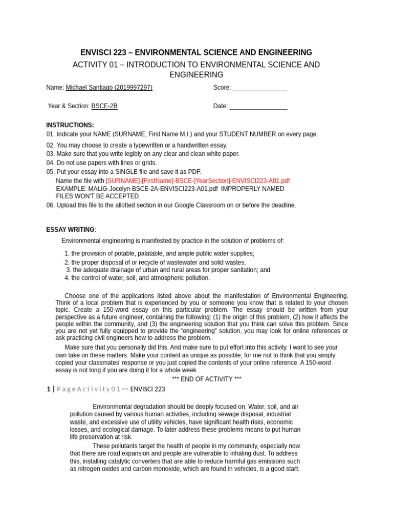 Activity 01 Introduction To Environmental Science and Engineering | PDF ...