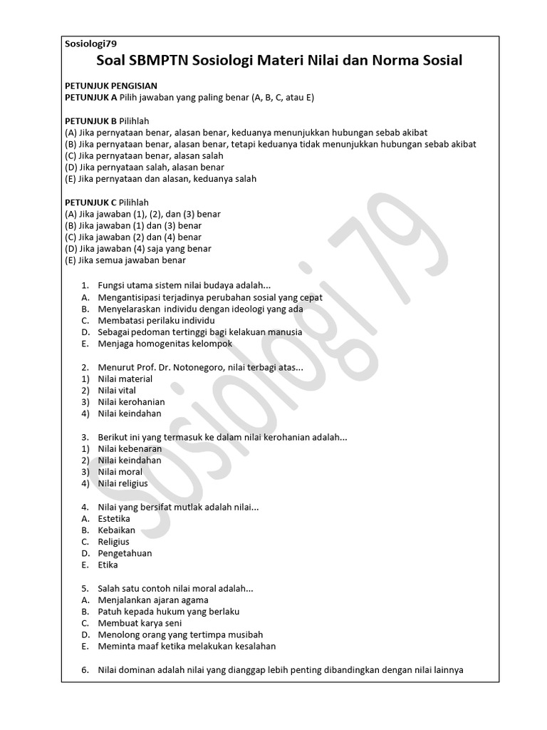 Soal SBMPTN Sosiologi Materi Nilai Dan Norma Sosial | PDF