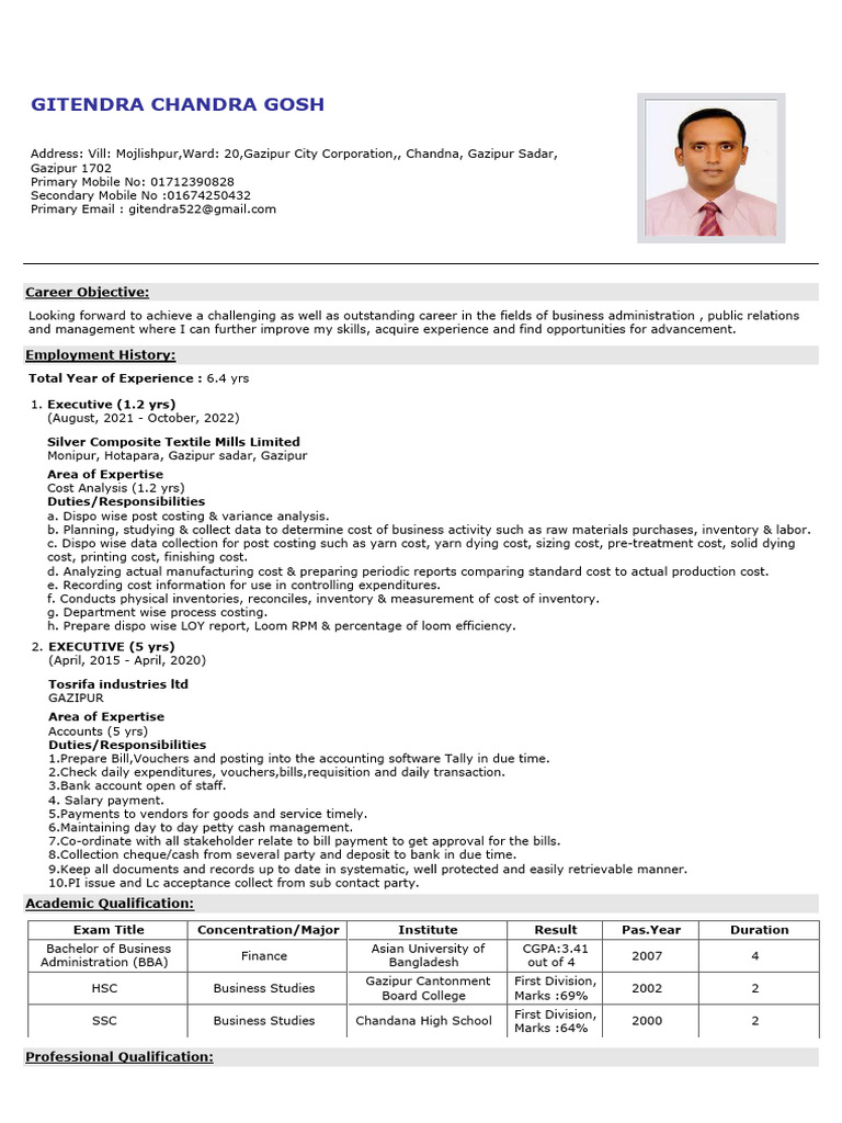 CV of Gitendra Chandra Ghosh | PDF | Inventory | Cost
