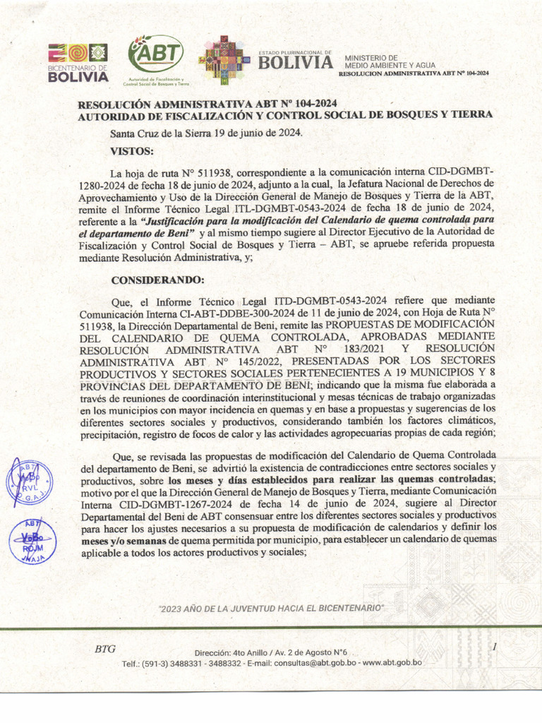 Res - Adm.104-2024 (Modifica Caledario de Quema Dpto. Del Beni | PDF