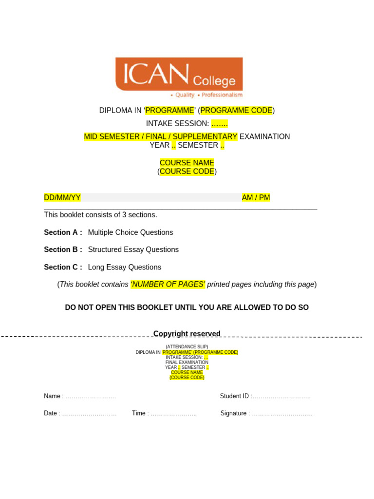 Template - Ican College Examination Question Paper | PDF