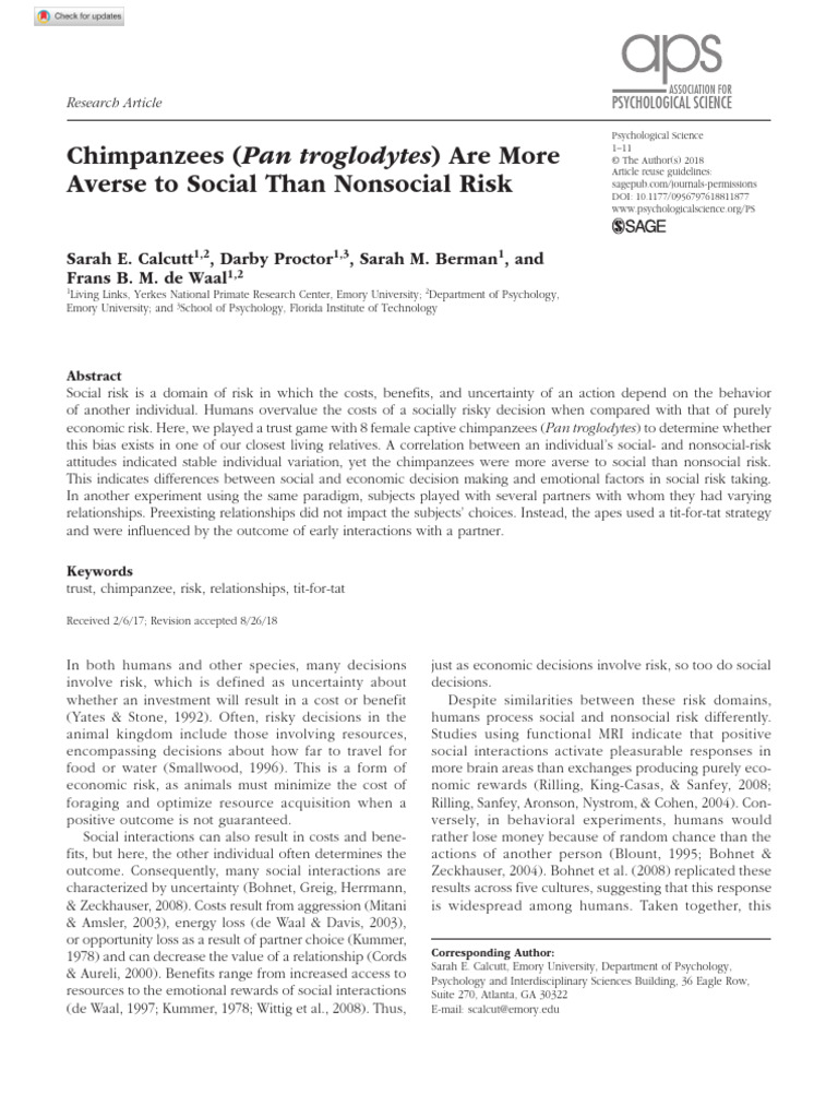 Calcutt Et Al 2018 Chimp Risk Aversion | PDF | Risk | Experiment