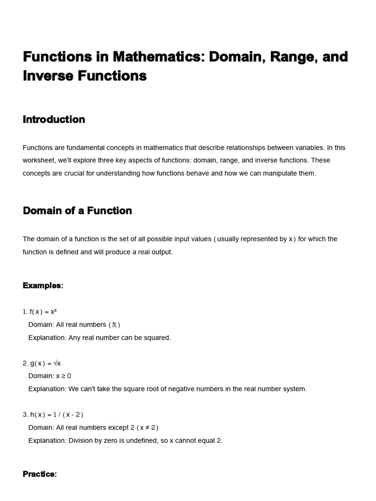 Functions in Mathematics_ Domain, Range, and Inverse Functions | PDF