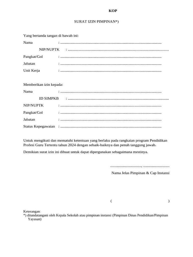 Format Surat Ijin Pimpinan Kepala Sekolah | PDF